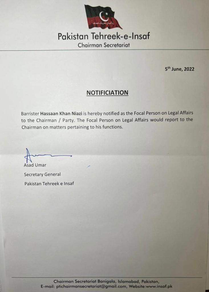 Hasaan Niazi has been appointed as the focal person to Chairman PTI on ...